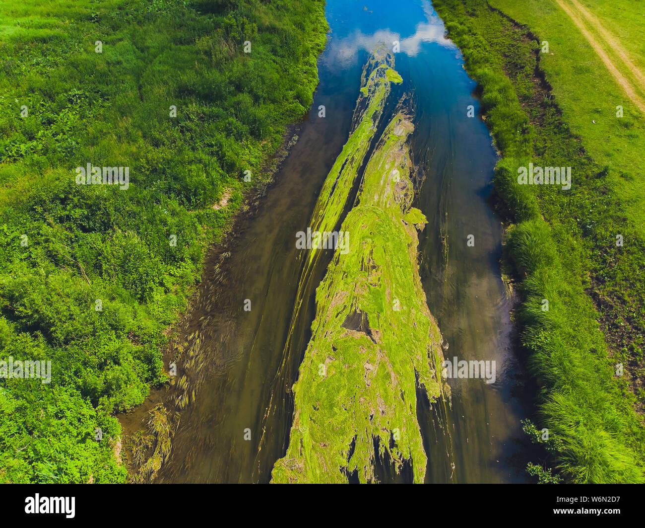 Top view of a thin river and fields around it Stock Photo - Alamy