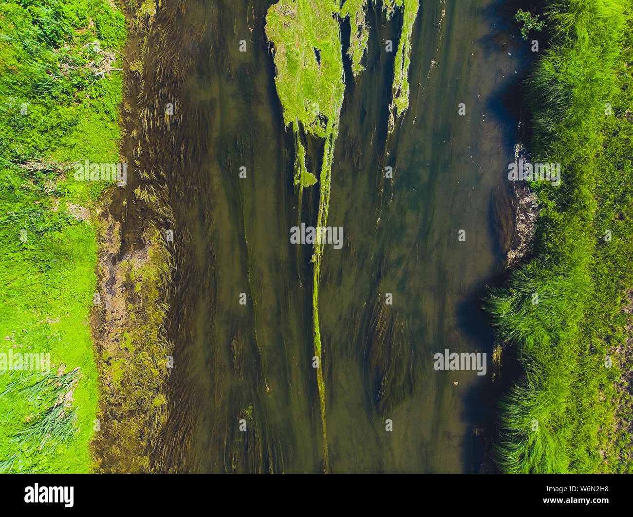 Top view of a thin river and fields around it Stock Photo - Alamy