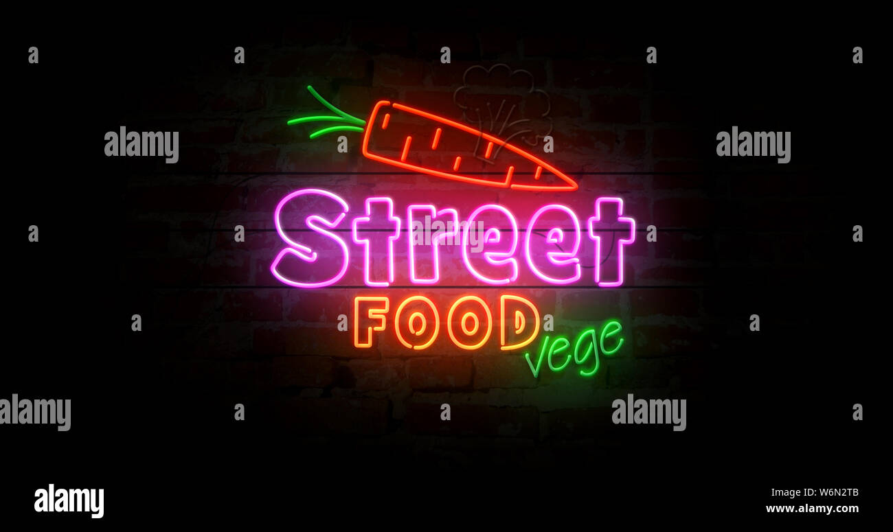 Street food vege neon symbol on brick wall. Light bulbs with vegetarian ...