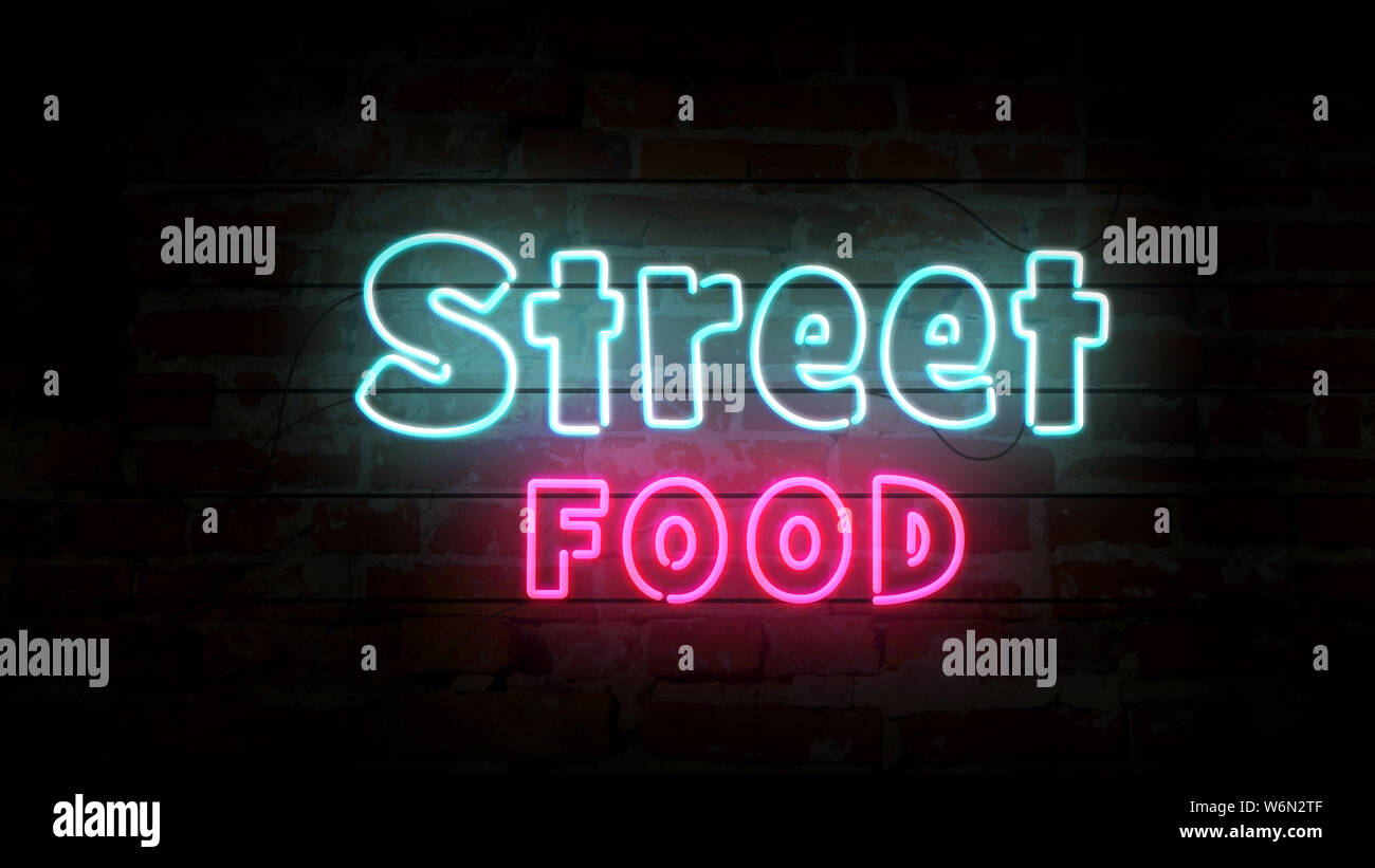 Street food neon symbol on brick wall. Light bulbs with food symbol 3d ...
