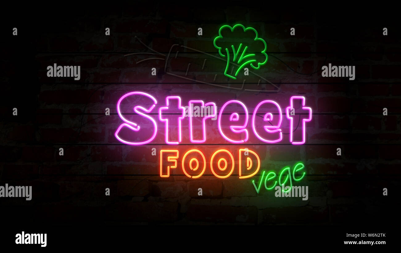 Street food vege neon symbol on brick wall. Light bulbs with vegetarian ...