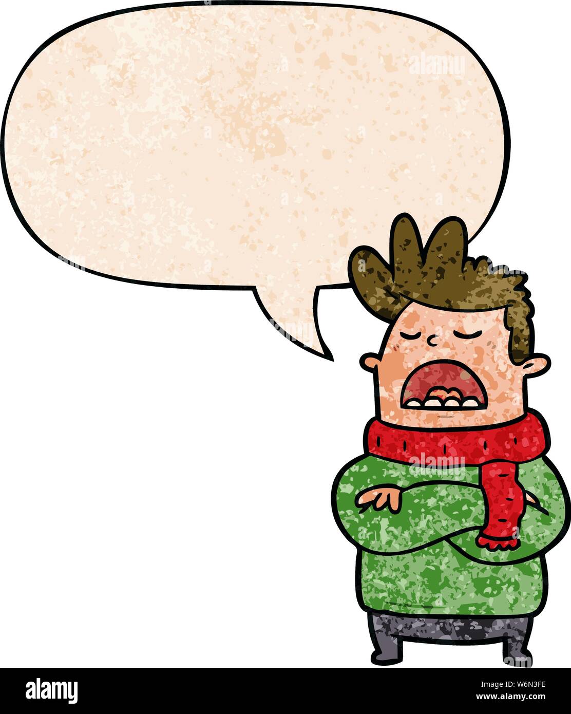 cartoon obnoxious man in winter clothes with speech bubble in retro ...
