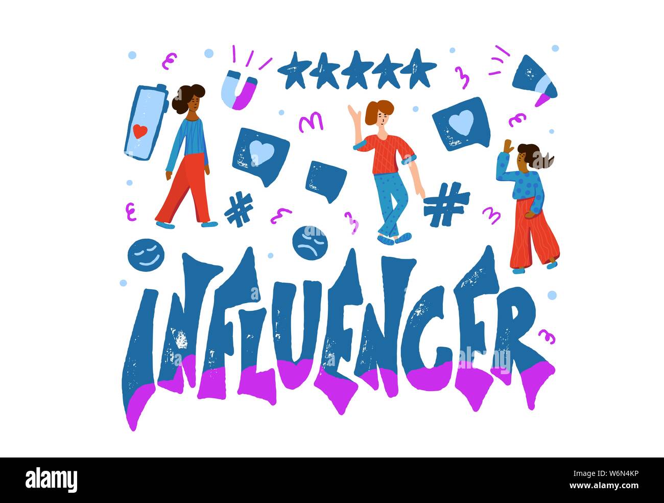 Influencer emblem. Stylized word with young women and bloggers symbols ...