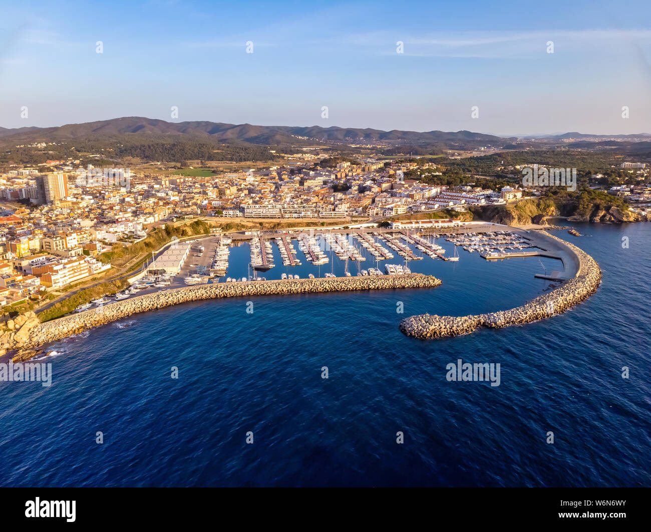 Aerial landscape picture in Costa Brava, harbor town Palamos Stock ...