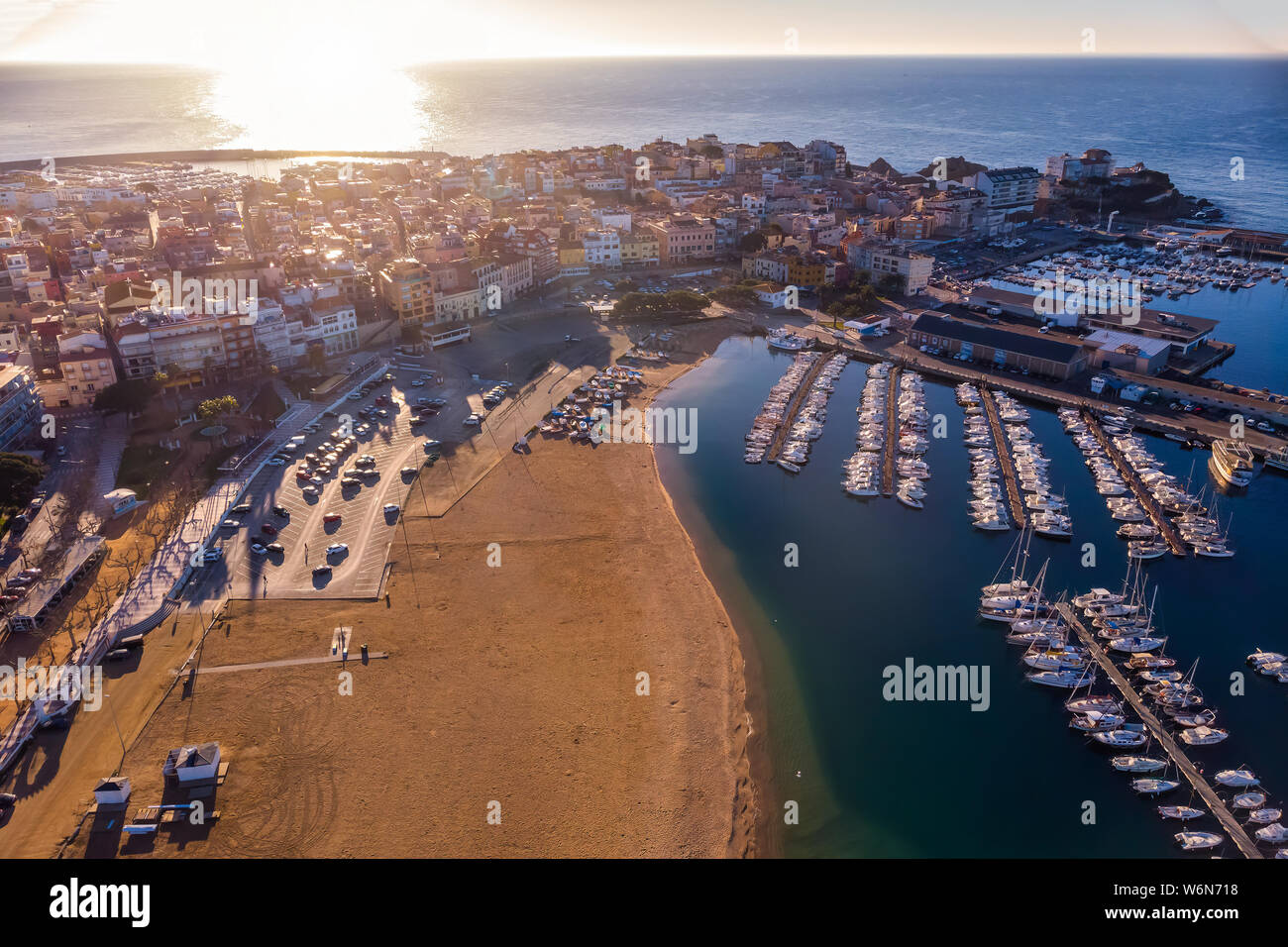 Aerial landscape picture in Costa Brava, harbor town Palamos Stock ...