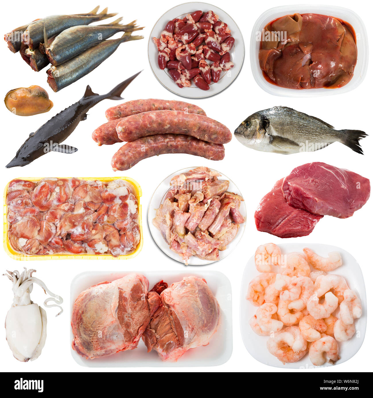 Set of various fresh meat products and seafoods isolated on white ...