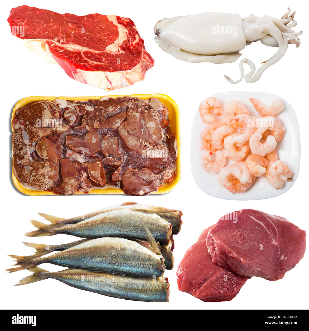 Collage of different raw meat products, fish and seafood isolated on ...