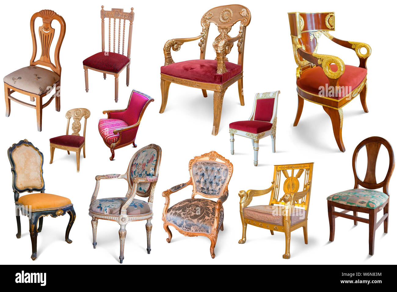 Collection of different chairs and armchairs isolated on white ...