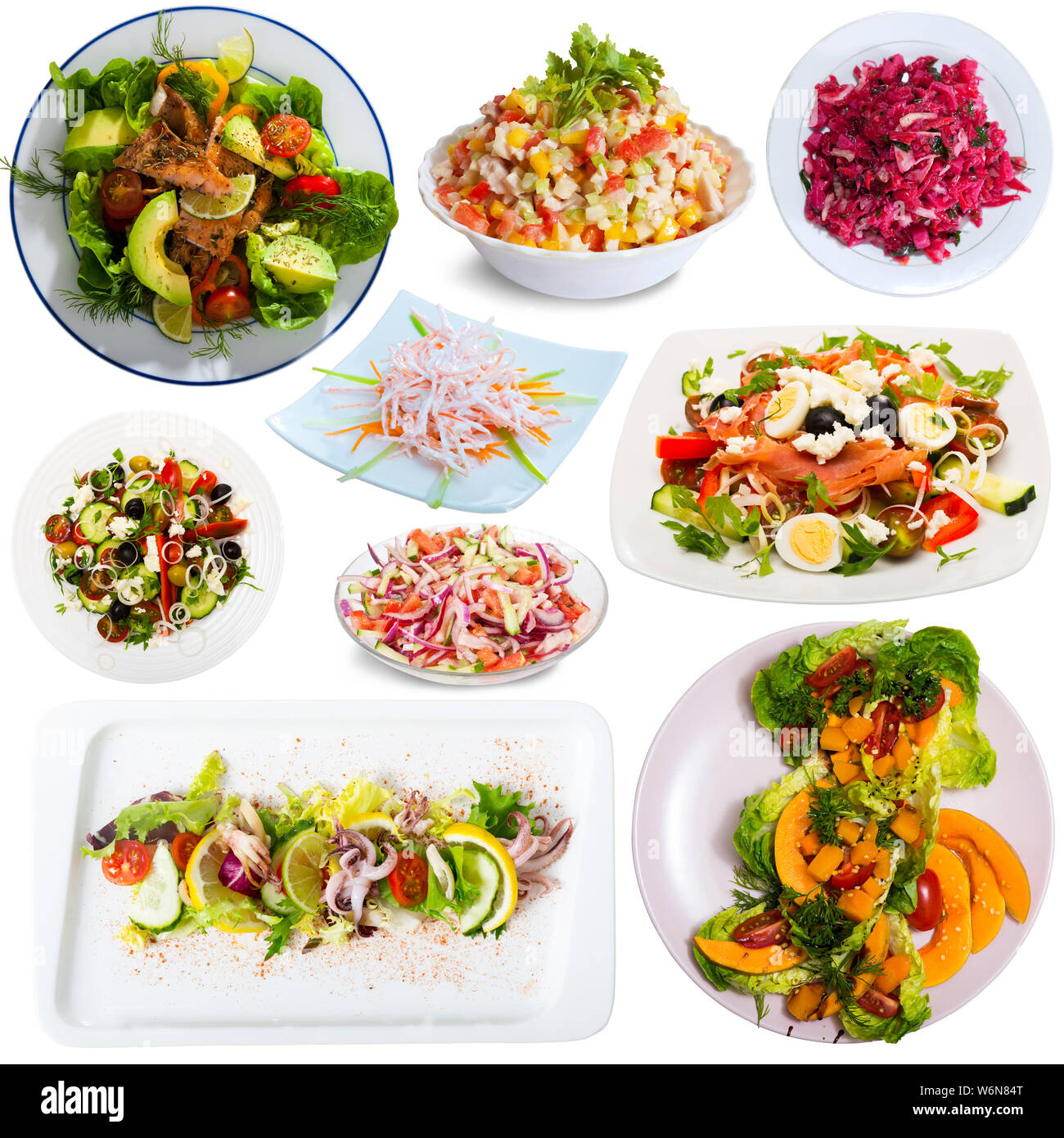 Collage of different tempting salads isolated on white background Stock ...