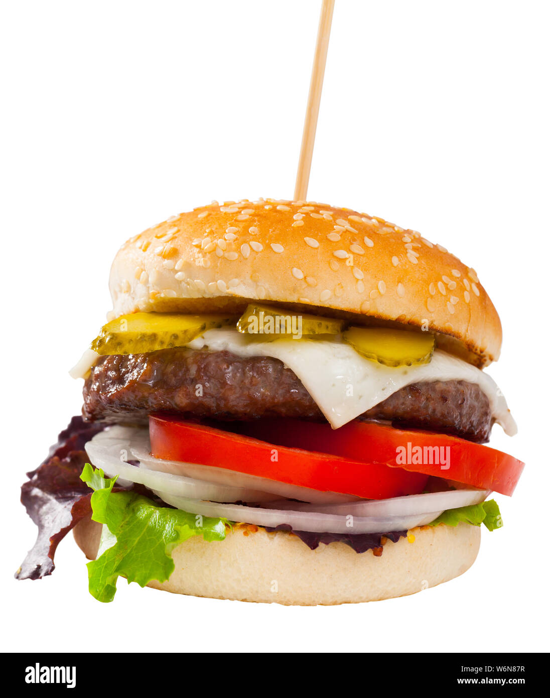 Image of burger with beef, tomato, cheese, cucumber and lettuce ...