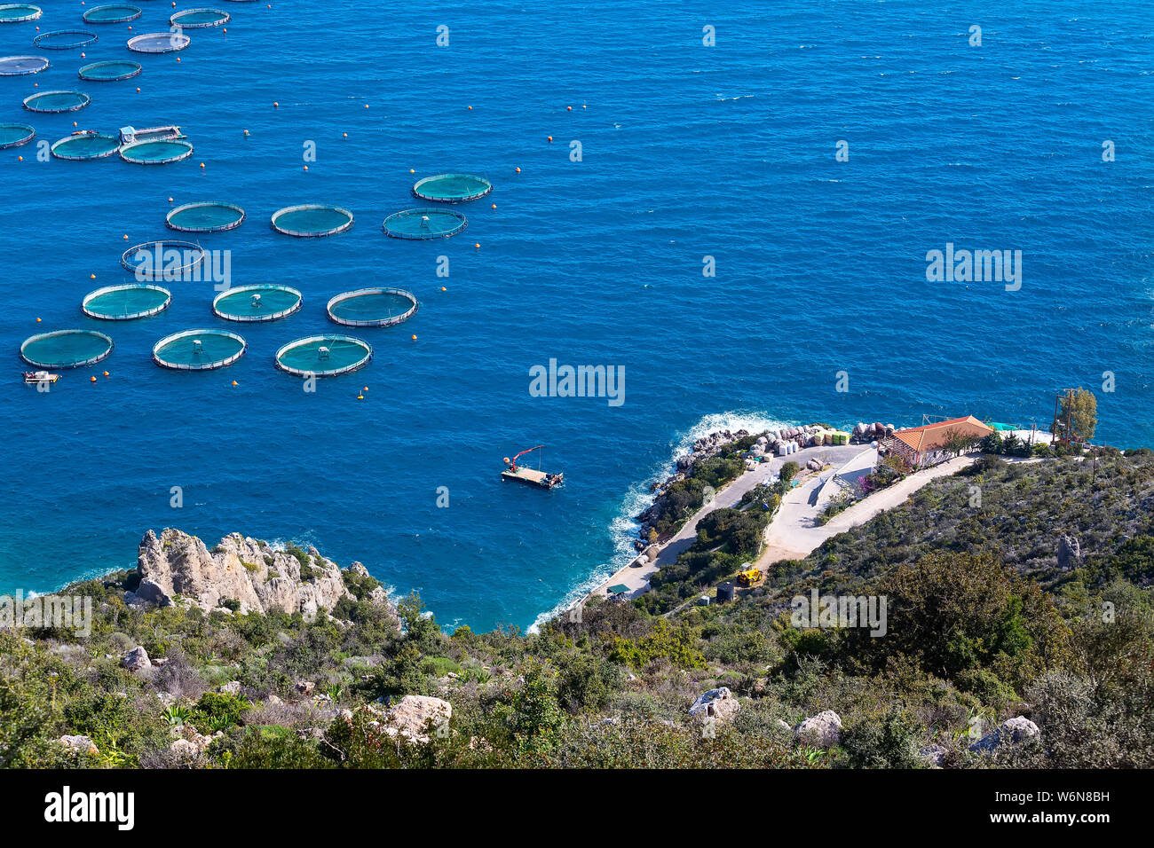 fish sea farm with floating circle cages and coastline in Greece ...
