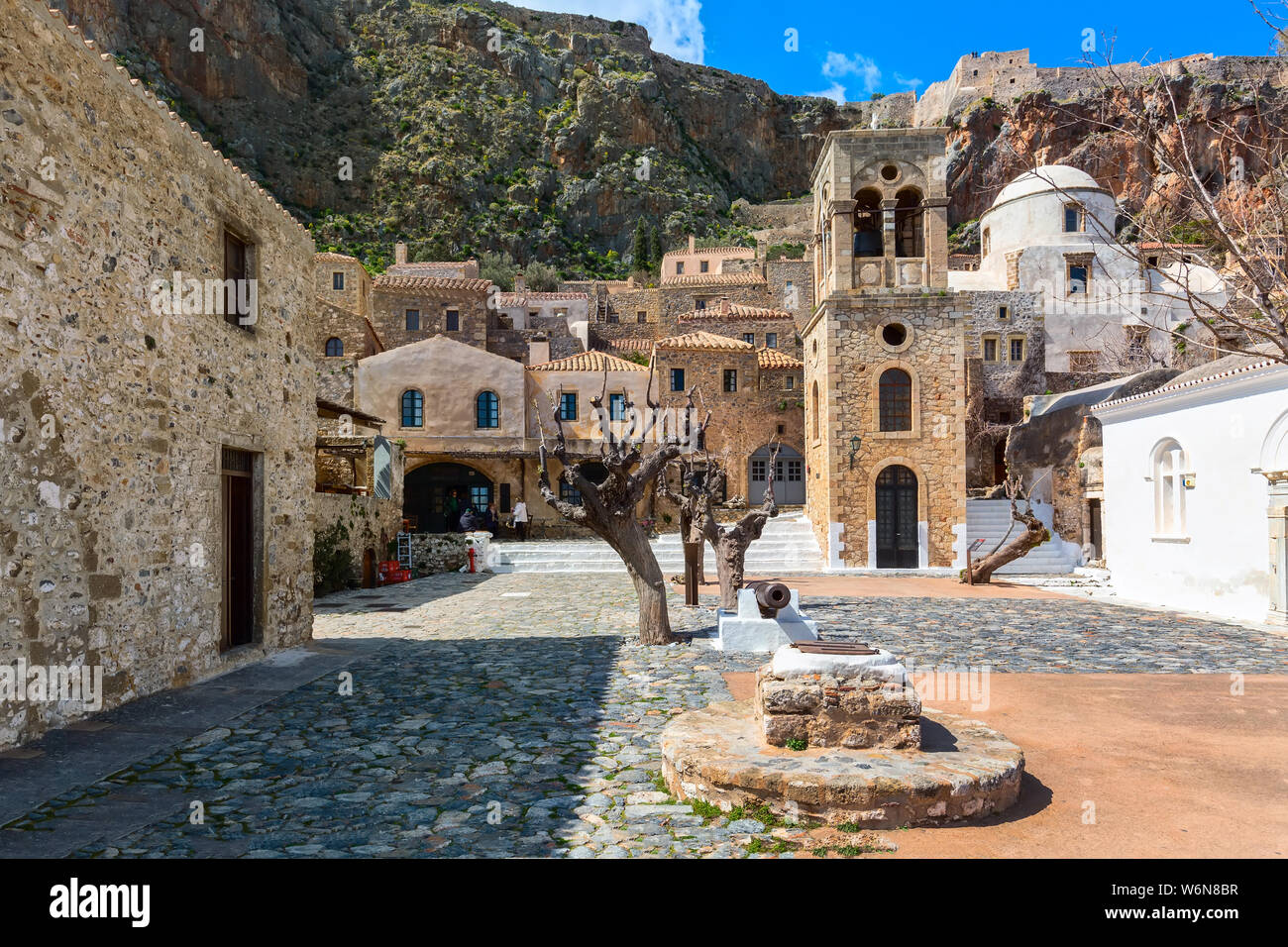 Monemvasia, Greece panorama with old houses and Elkomenos Christos ...