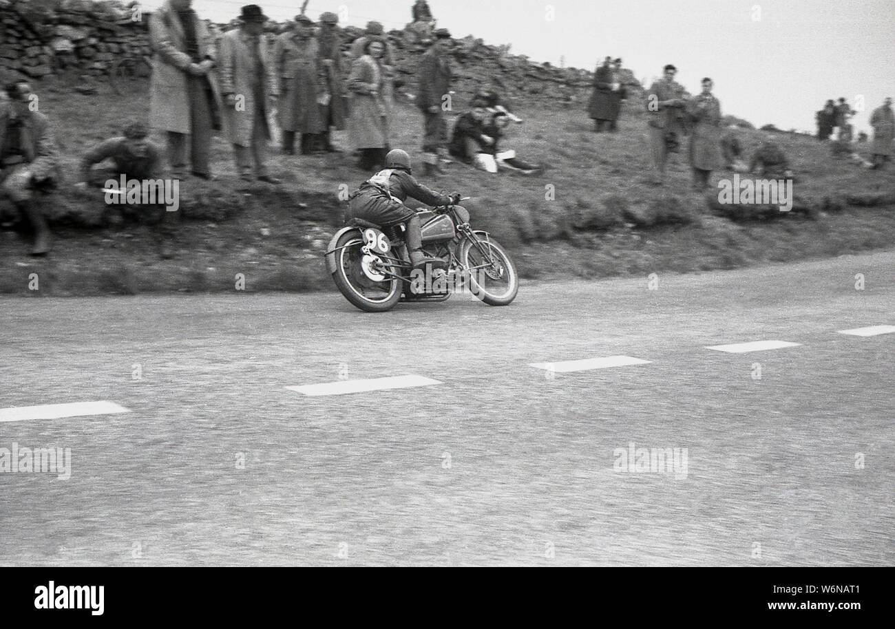 1950s, historical, a motorcyclist riding in the TT race on the Isle of ...
