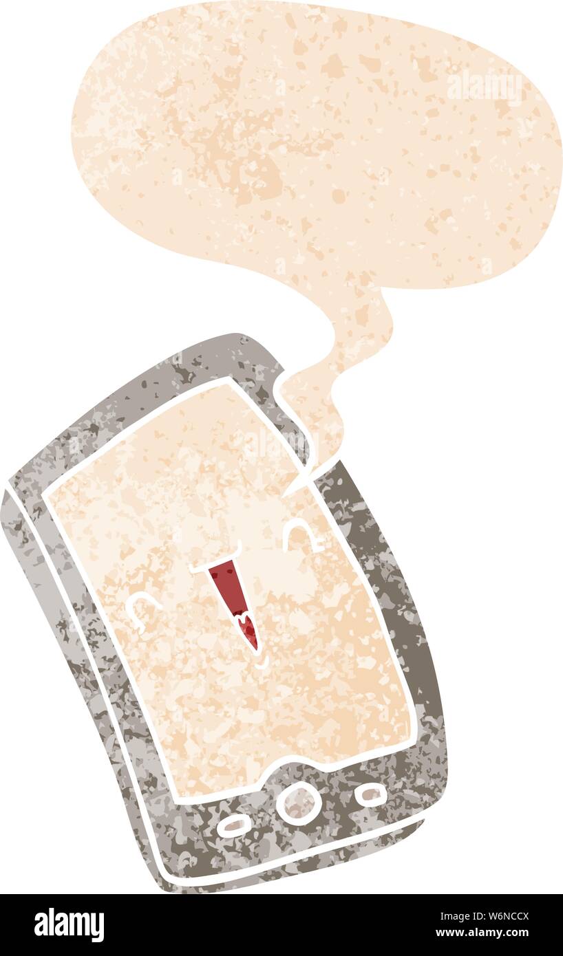 cute cartoon mobile phone with speech bubble in grunge distressed retro ...