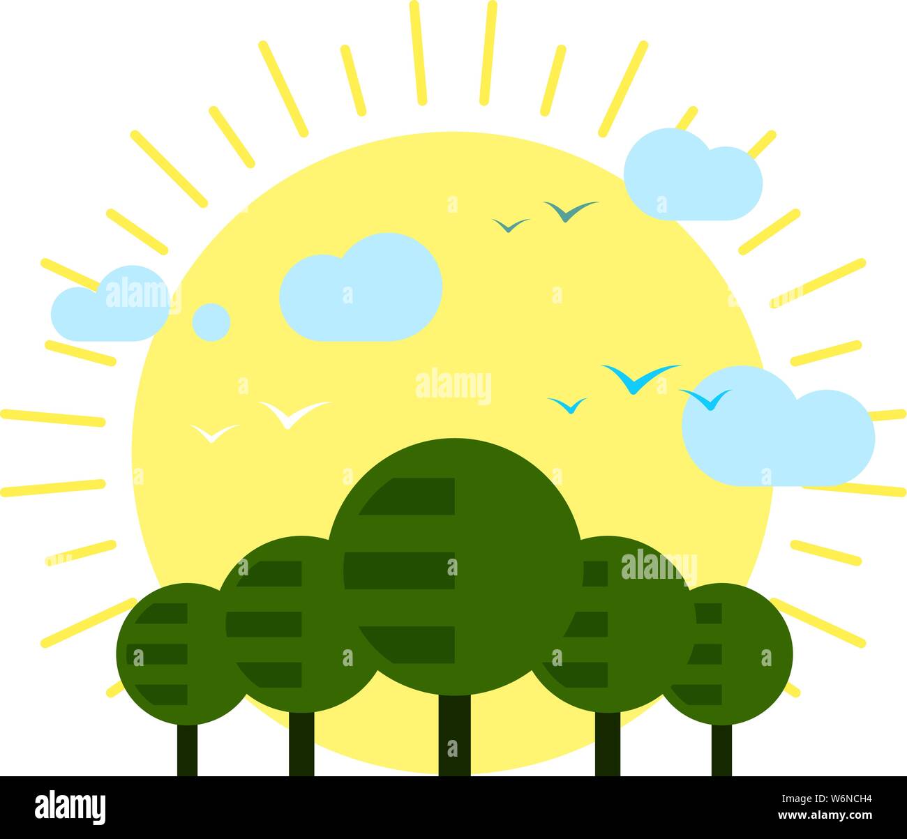 Vector illustration. Simple natural landscape with big sun and forest ...