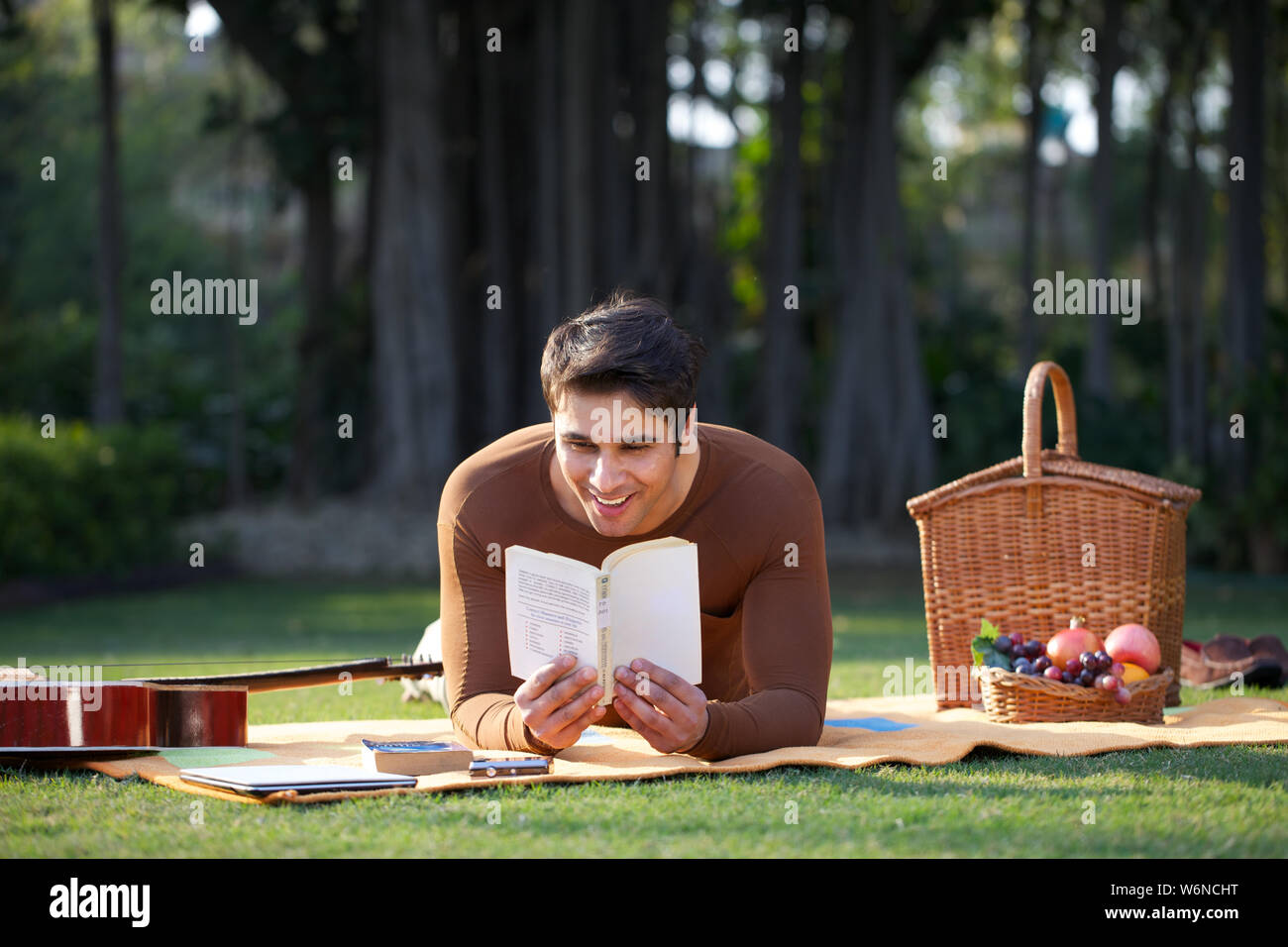 Man reading a book on picnic Stock Photo - Alamy