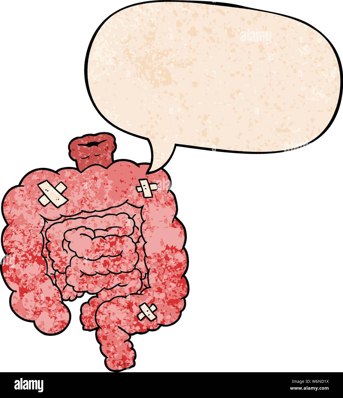 cartoon repaired intestines with speech bubble in retro texture style ...