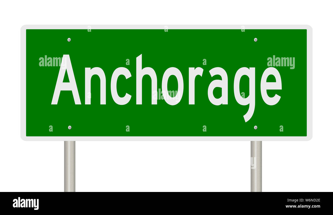 Rendering of a green highway sign for Anchorage Alaska Stock Photo - Alamy