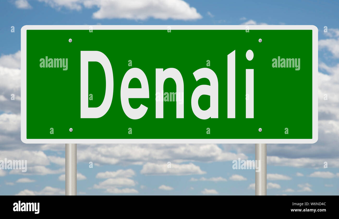Rendering of a green highway sign for Denali in Alaska Stock Photo - Alamy
