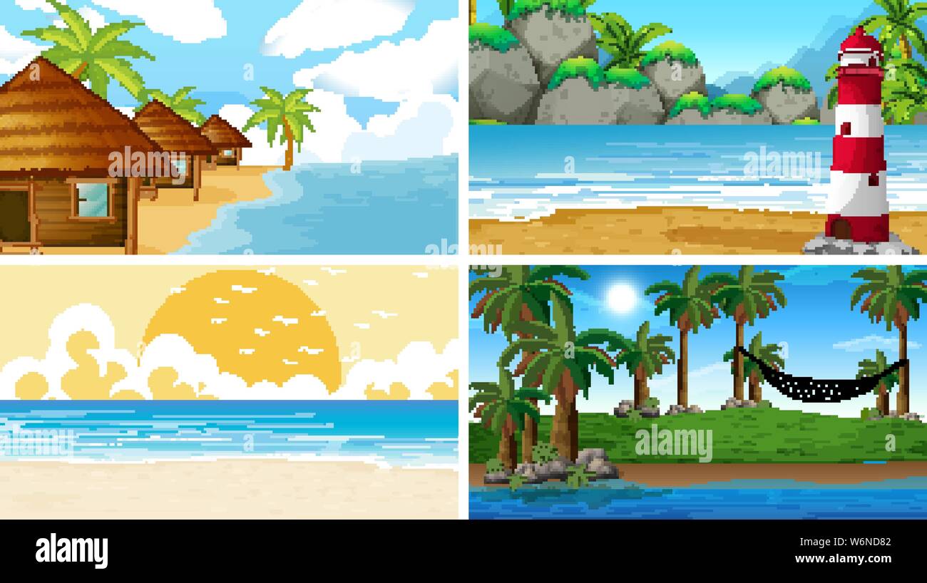 Set of tropical ocean nature scenes with beaches illustration Stock ...