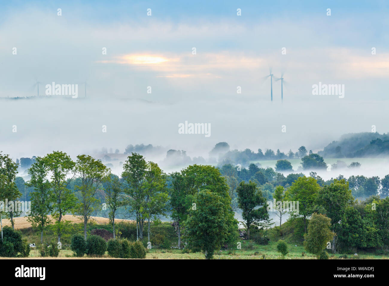 Aerial view foggy field wind turbines hi-res stock photography and ...