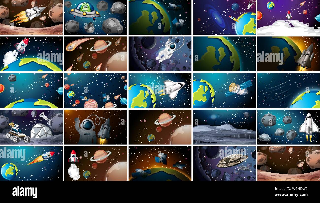 Large set of different space scenes illustration Stock Vector Image ...