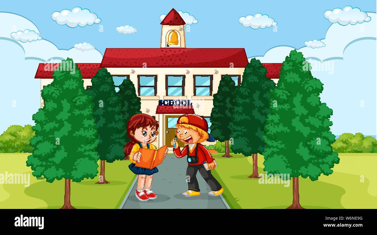 kids infront of school scene illustration Stock Vector Image & Art - Alamy