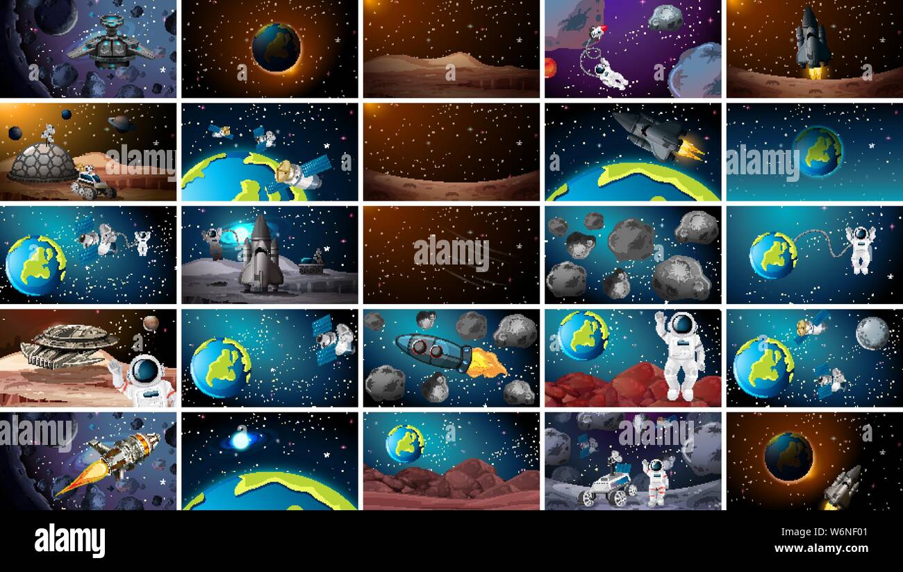 Large set of different space scenes illustration Stock Vector Image ...