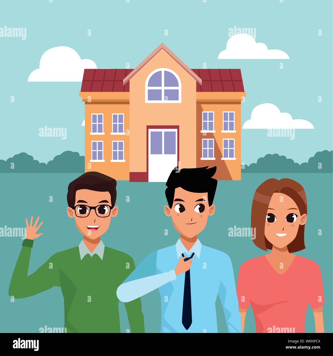 Happy roommates outside house cartoons Stock Vector Image & Art - Alamy