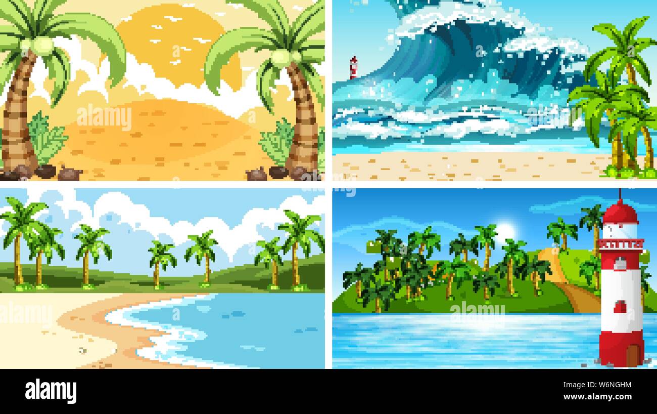 Set of tropical ocean nature scenes with beaches illustration Stock ...