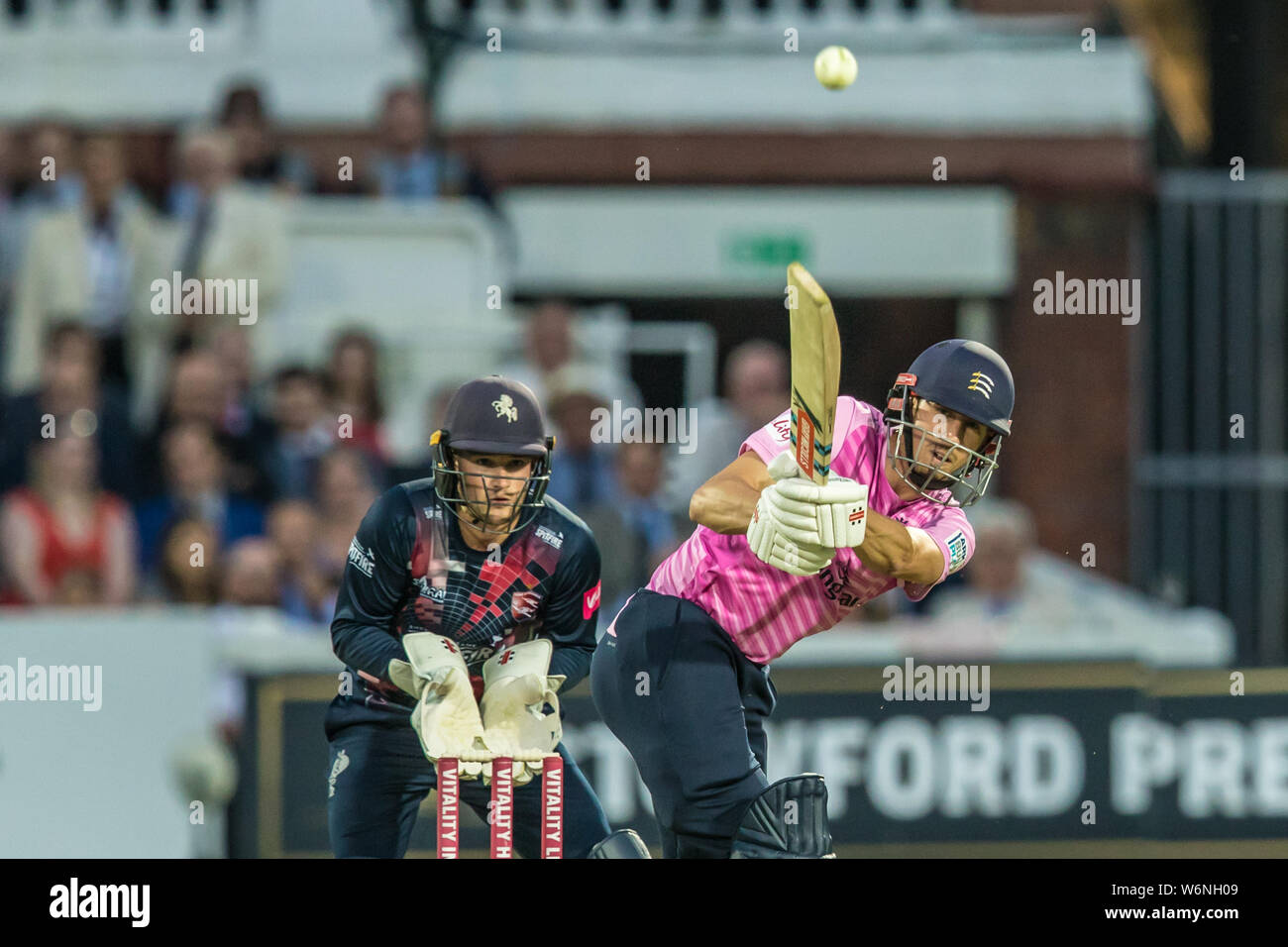 London, UK.1 August, 2019. John Simpson batting for Middlesex against ...