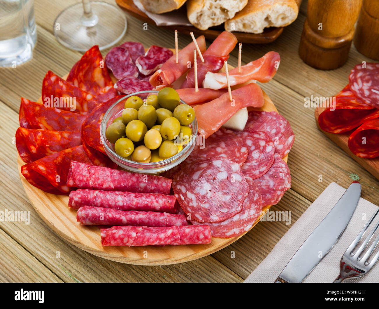 Chorizo, fuet, jamon, salami, bacon, spanish meat antipasto platter ...