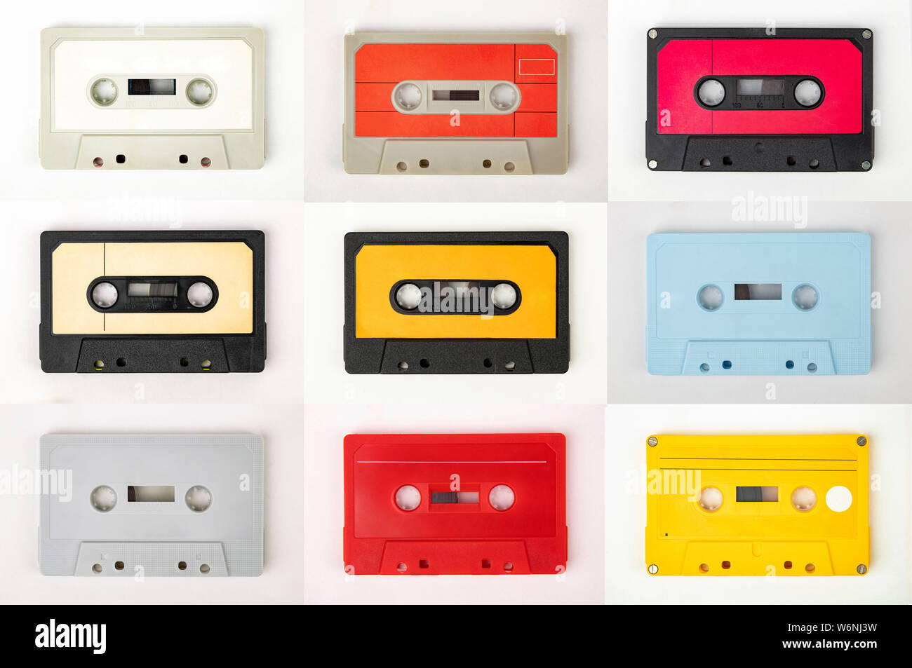Collection from Retro Audio Tapes in a row isolated on white background ...