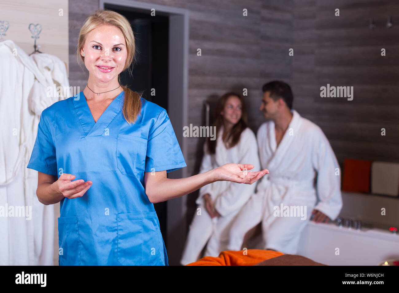 Portrait of female who is ready for massaging clients in spa Stock ...