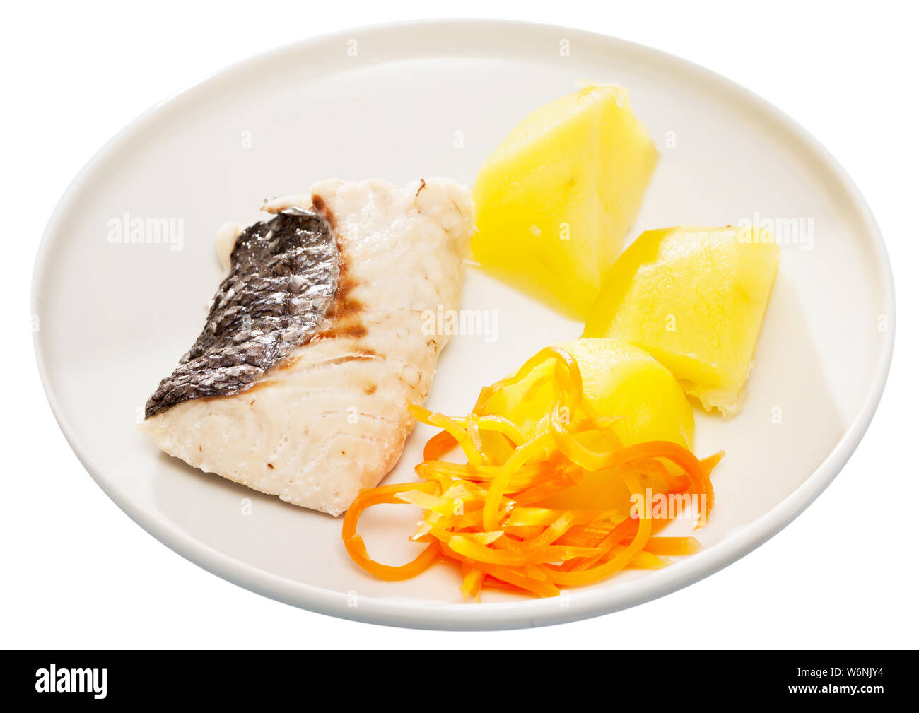 Steamed whiting fish with vegetable garnish of cooked potato and grated ...