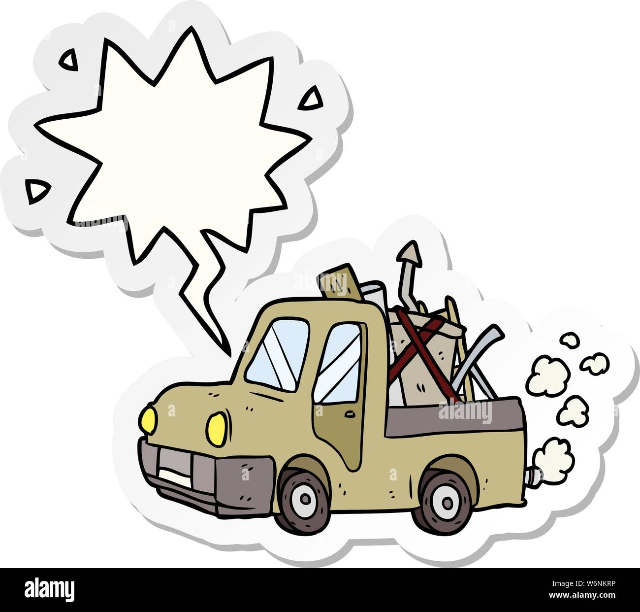 cartoon old truck full of junk with speech bubble sticker Stock Vector ...