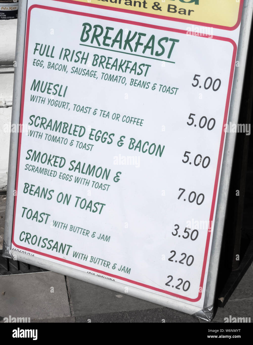 Breakfast menu outside bar in Spain Stock Photo - Alamy