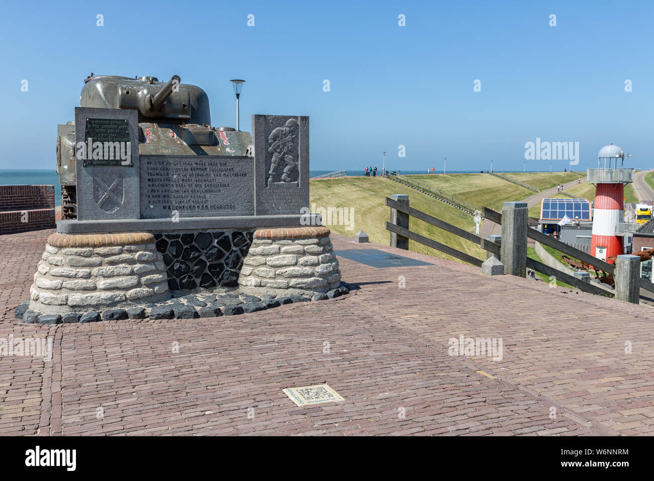 Military tank at dike near Westkapelle, battlefield of WW2 Stock Photo ...