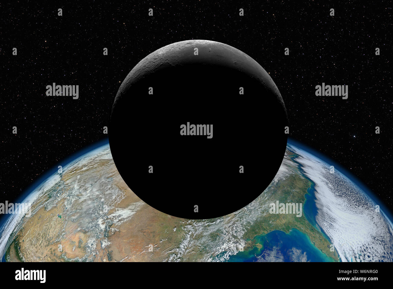 Crescent Moon in front of Planet Earth against dark starry sky ...