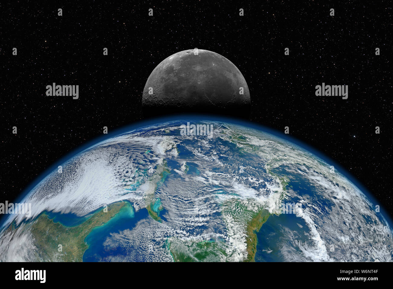 Planet Earth and Moon against dark starry sky background, elements of ...