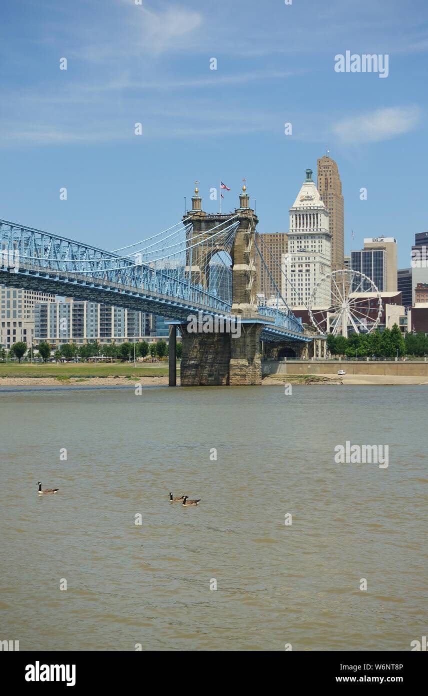 CINCINNATI, OH -13 JUL 2019- View of the blue John A. Roebling ...