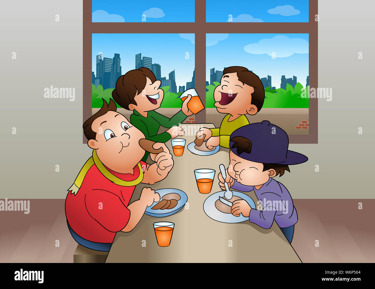 illustration of a boys traveling group eating together while resting on ...