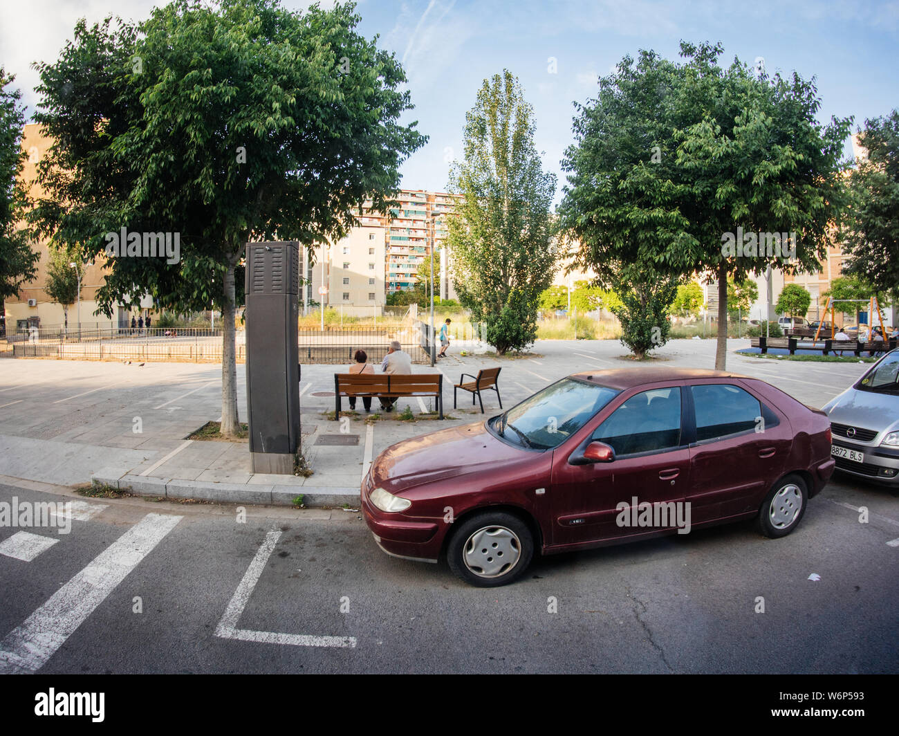 Barcelona, Spain - Jun 1, 2018: Wide image of Spanish neighborhood with ...