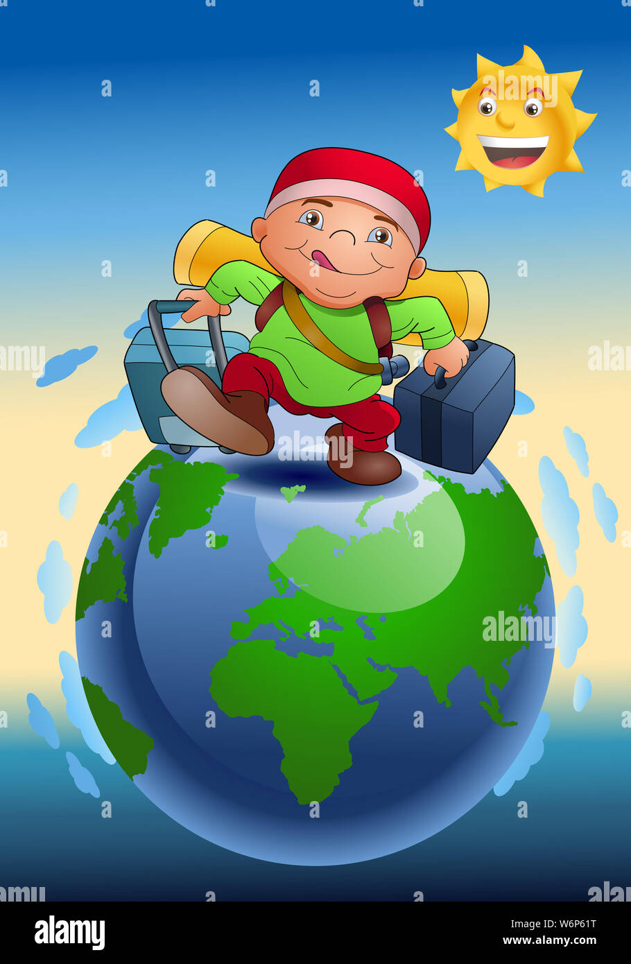 illustration of a boy traveling around the world on globe background ...