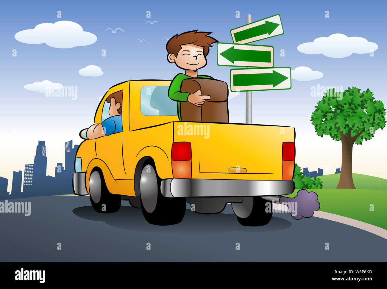 illustration of a boy riding truck for traveling on city background ...