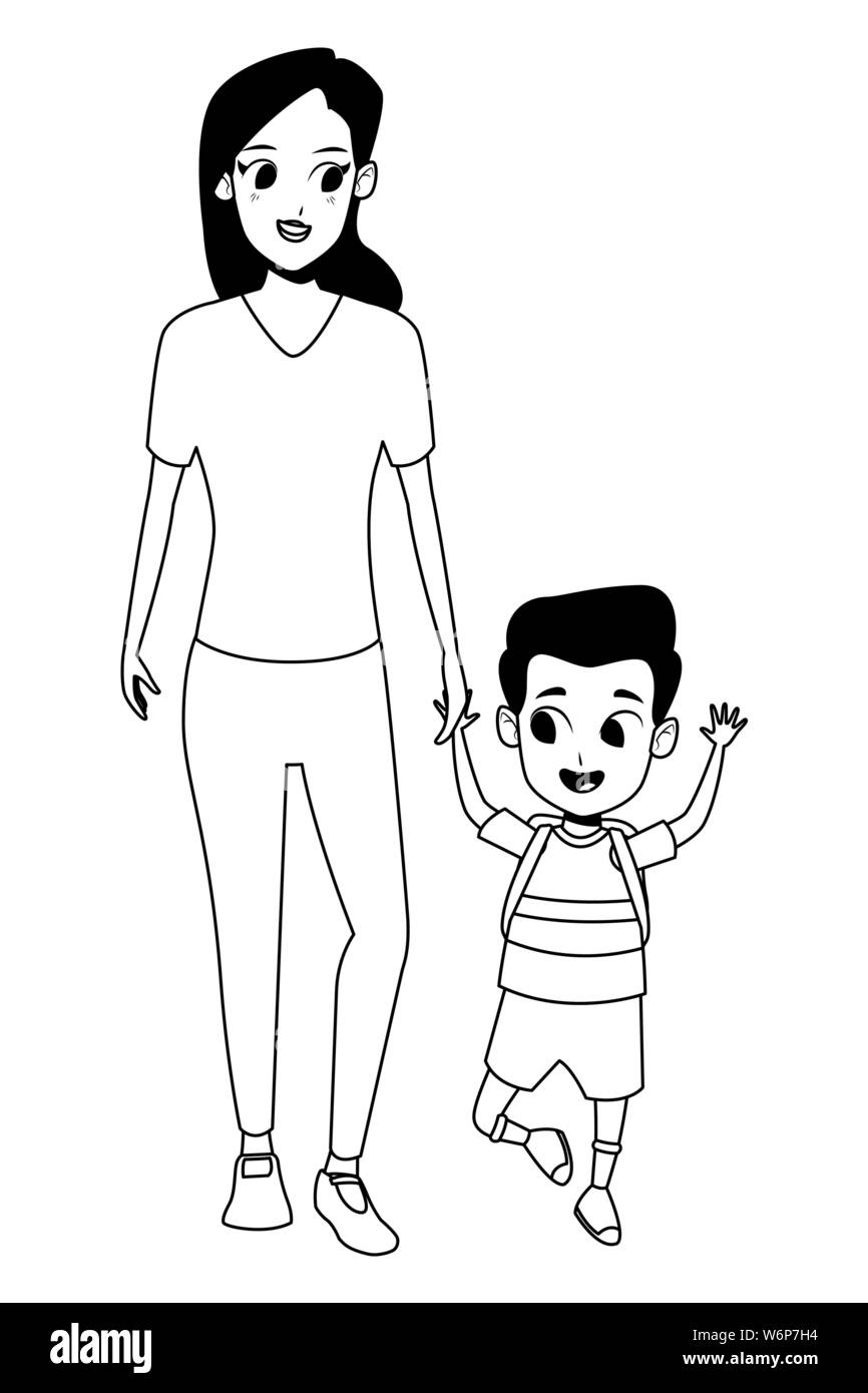 Family single parent with children cartoon in black and white Stock ...
