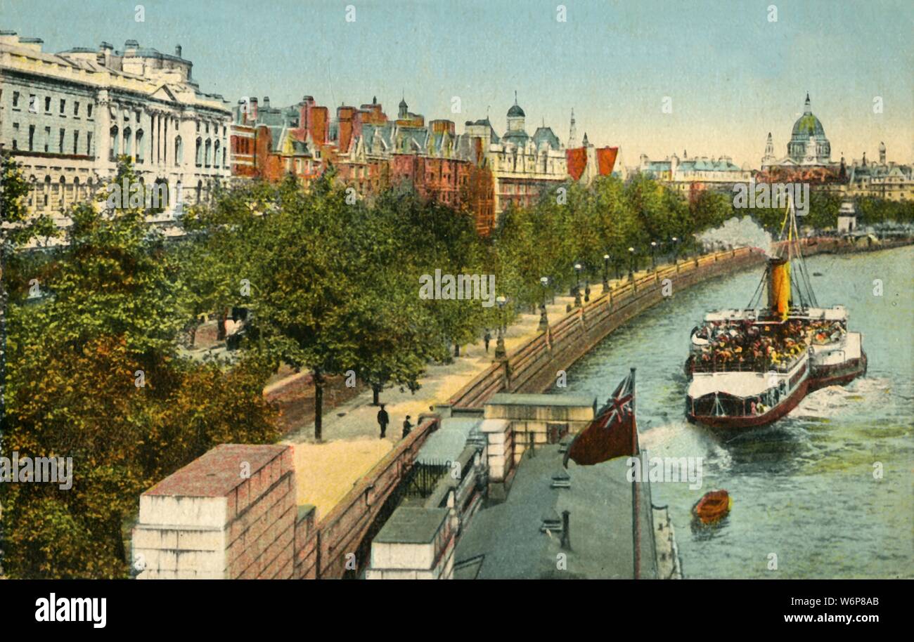The Victoria Embankment, and steamship on the River Thames, London ...