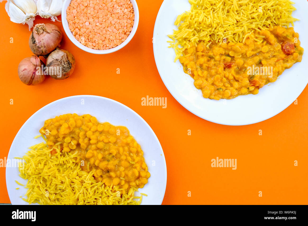 Indian Style Vegetarian Tarka Dal With Pillau Rice Onions and Turmeric ...