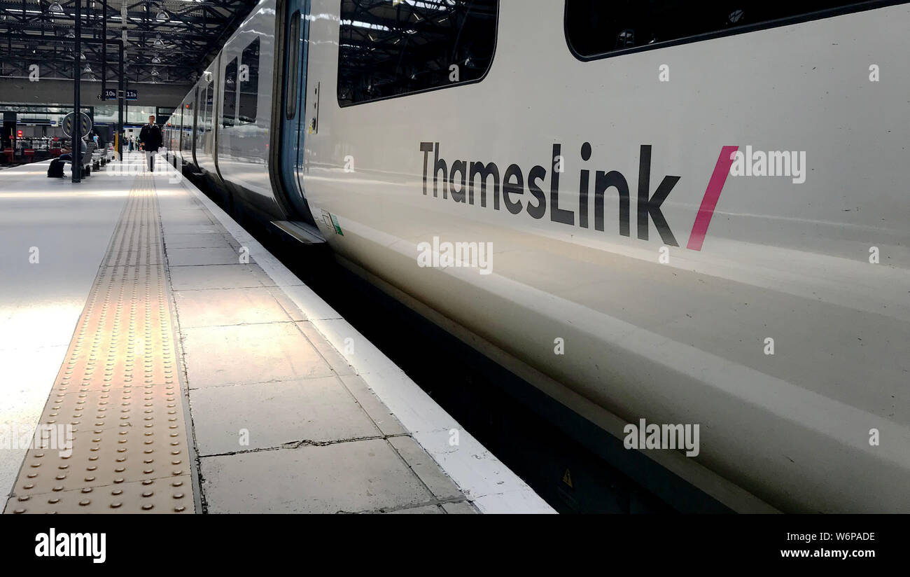 General view of a ThamesLink train at Kings Cross station in London ...