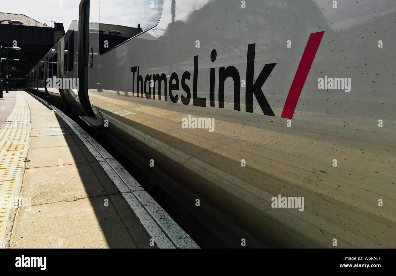 General view of a ThamesLink train at Kings Cross station in London ...
